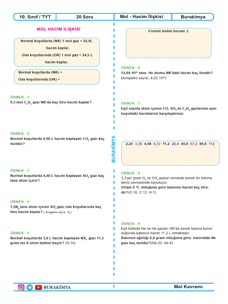 Mol Hacim İlişkisi-Gazların Özkütlesi 20 Soru | PDF