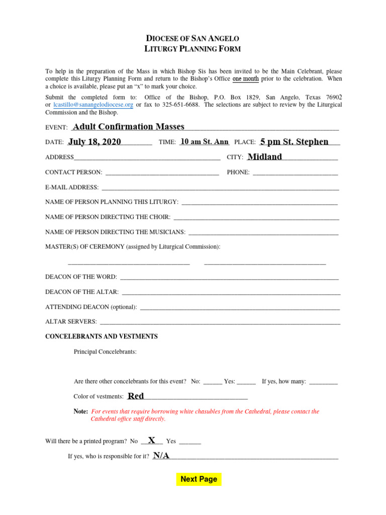 Adult Confirmation Planning Form | PDF | Mass (Liturgy) | Eucharist