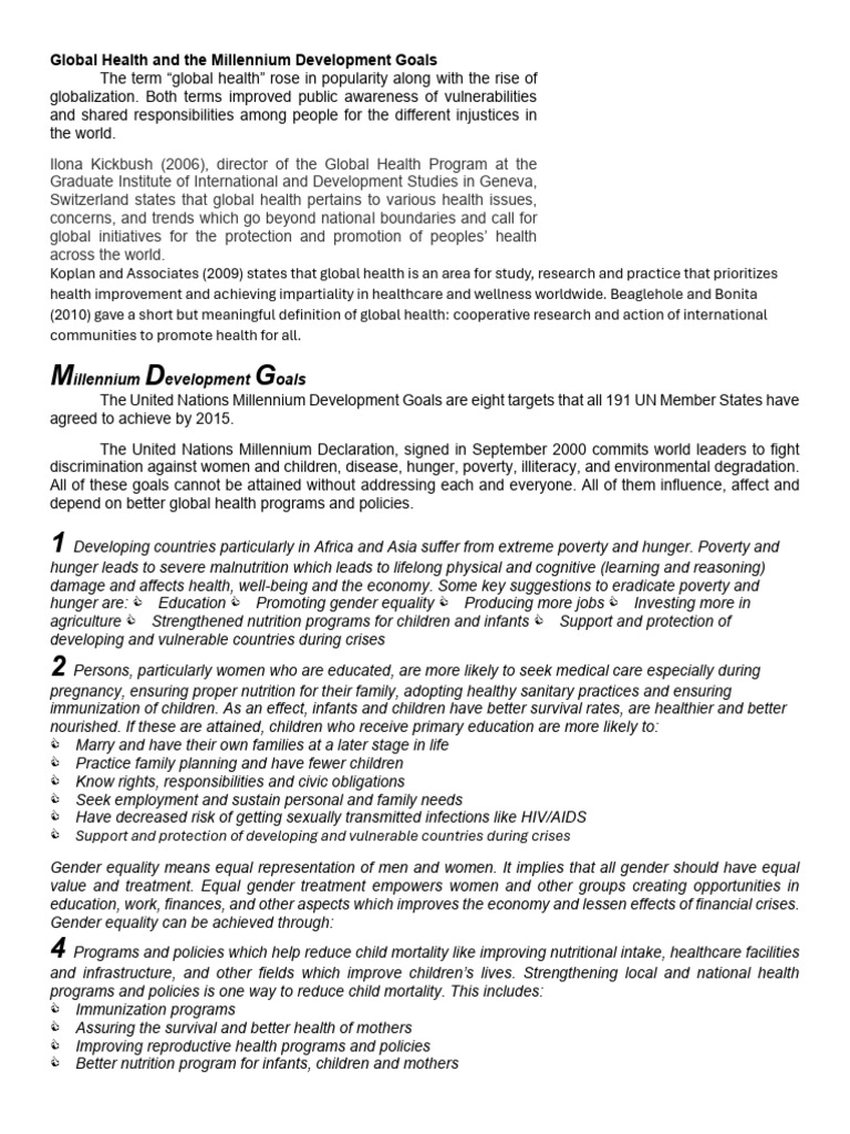 Global Health and Millennium Goals Overview | PDF | Non Communicable ...