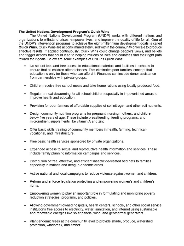 The United Nations Development Programs Quick Wins | PDF | Millennium ...