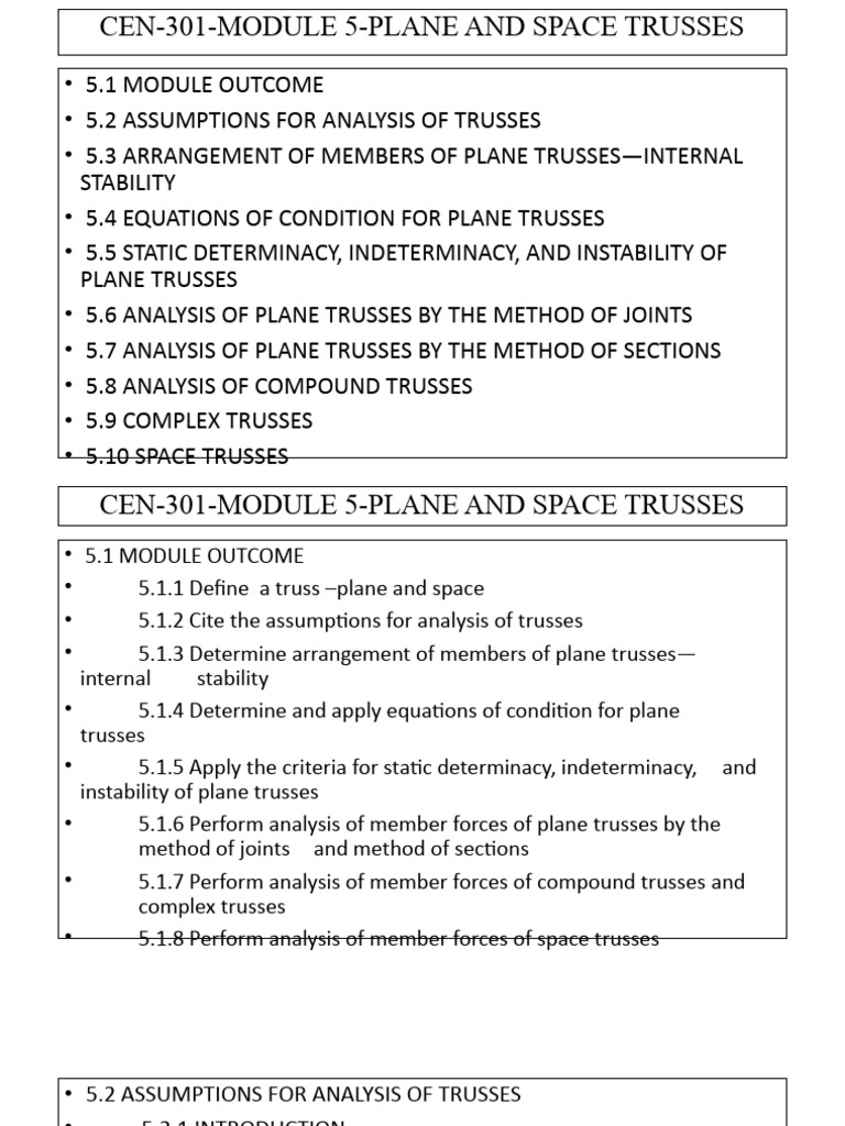 Cen 301 Module 5 Plane and Space Trusses | Download Free PDF | Truss | Structural Analysis