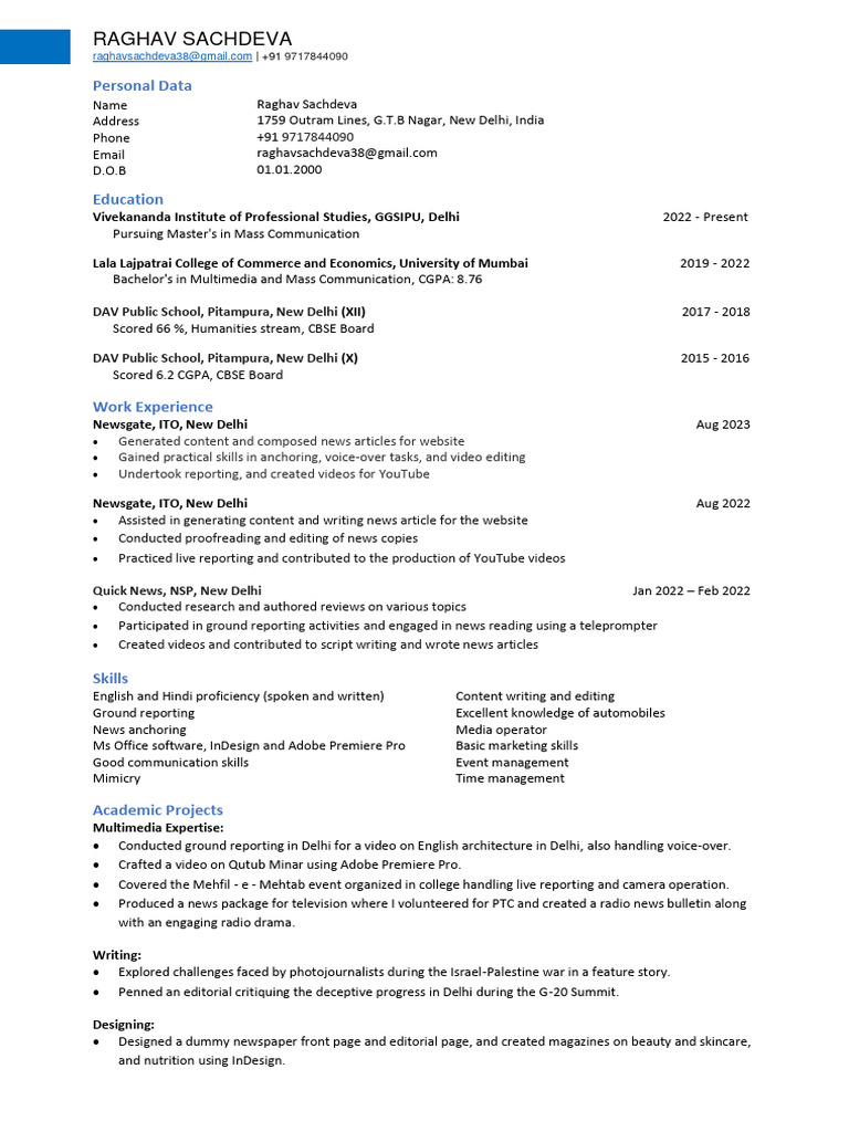 Raghav Sachdeva - CV | PDF | Editing | News