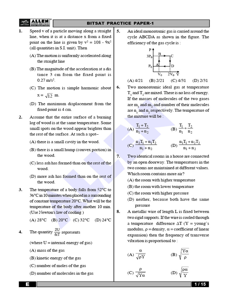 BITSAT 2023 Sample Paper | PDF | Temperature | Gases