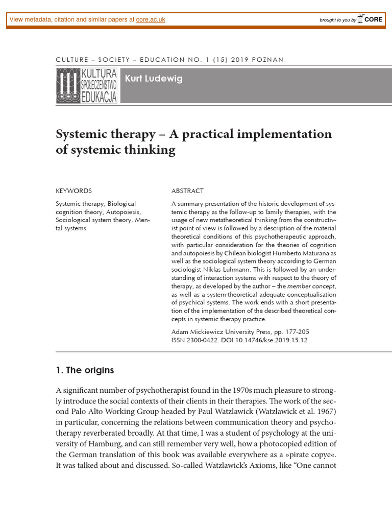 Systemic Therapy - A Practical Implementation of Systemic Thinking | PDF | Psychotherapy | System
