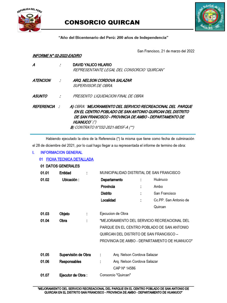INFORME FINAL DEL RESIDENTE -SOLICITUD-DE-RECEPCION | PDF | Hormigón | Ingeniería de Edificación