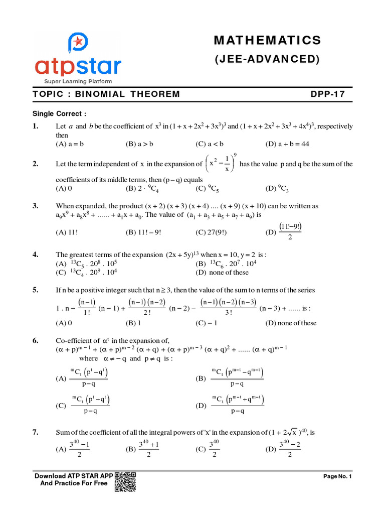 JEE Advanced Binomial Theorem DPP | PDF | Mathematics | Discrete Mathematics