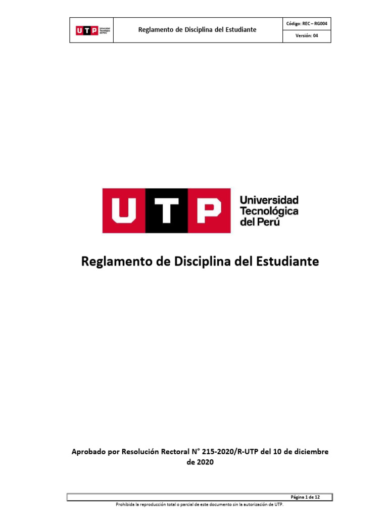 Reglamento Disciplina Estudiantil UTP | PDF | Disciplinas | Regulación