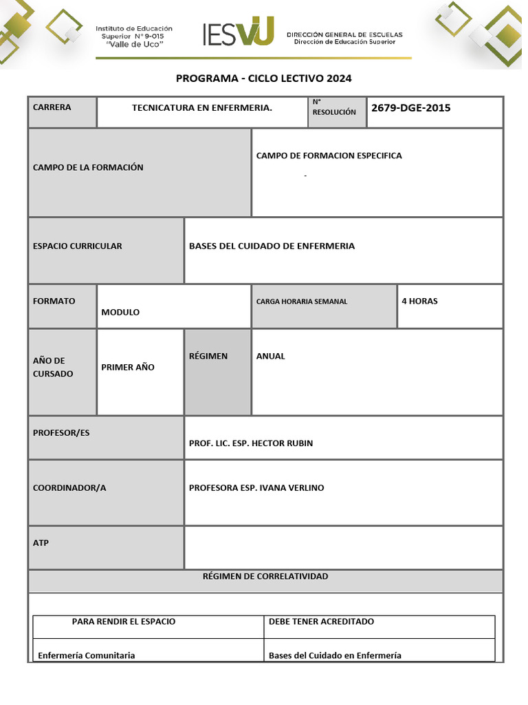 Modelo PROGRAMA DISCIPLINAR 2024 | PDF | Enfermería | Cuidado de la salud