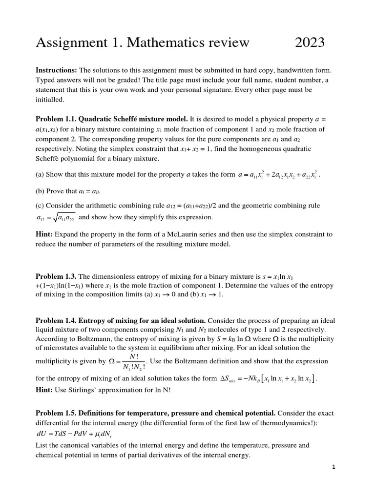 1-Assignment Mathematics_for_thermodynamics(1) | PDF | Temperature | Gibbs Free Energy