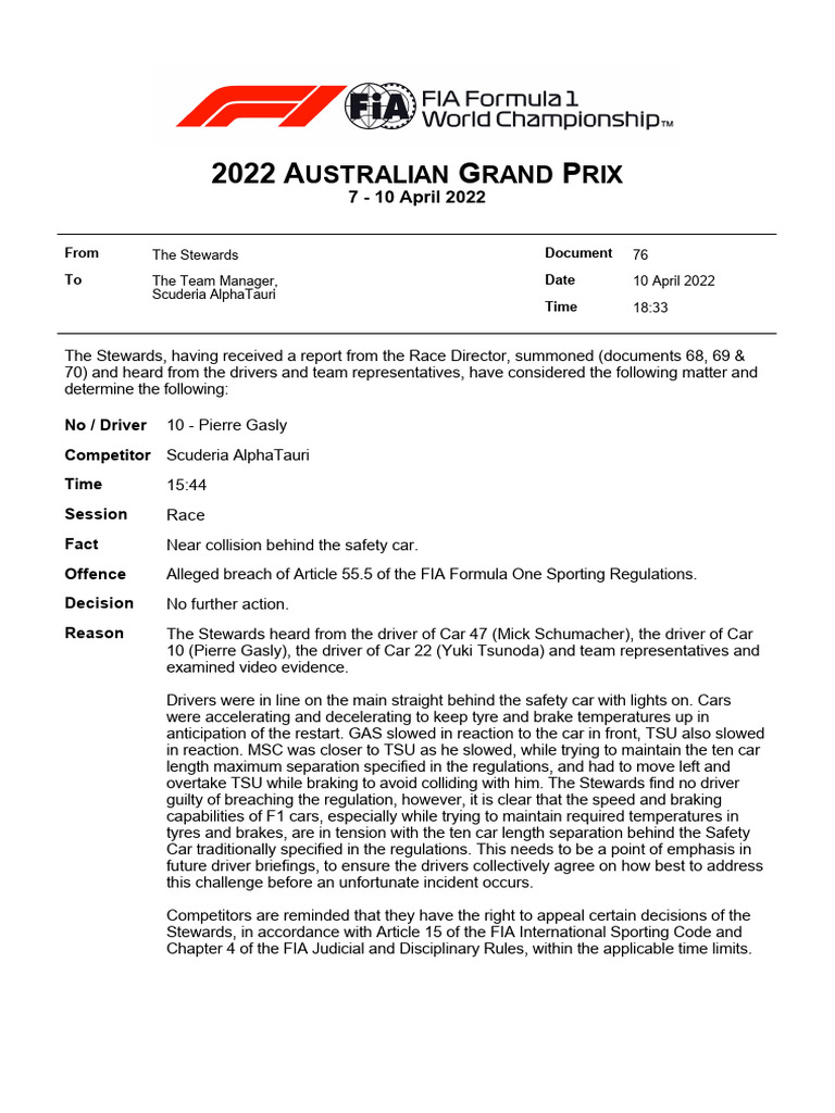 2022 Australian Grand Prix - Decision - Car 10 - Incident behind the ...