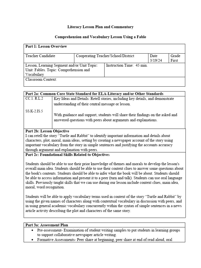 Literacy Lesson Plan and Commentary Assignment 1 | PDF | Reading ...