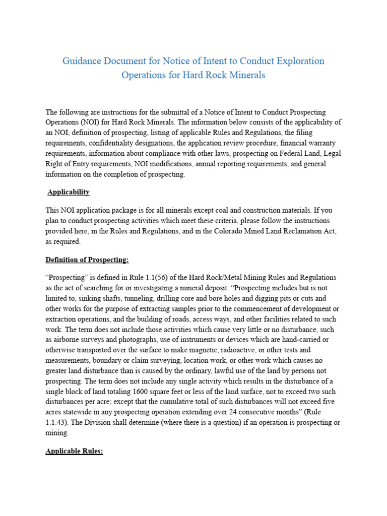 Guidance Document for Notice of Intent to Conduct Exploration Operations for Hard Rock Minerals ...