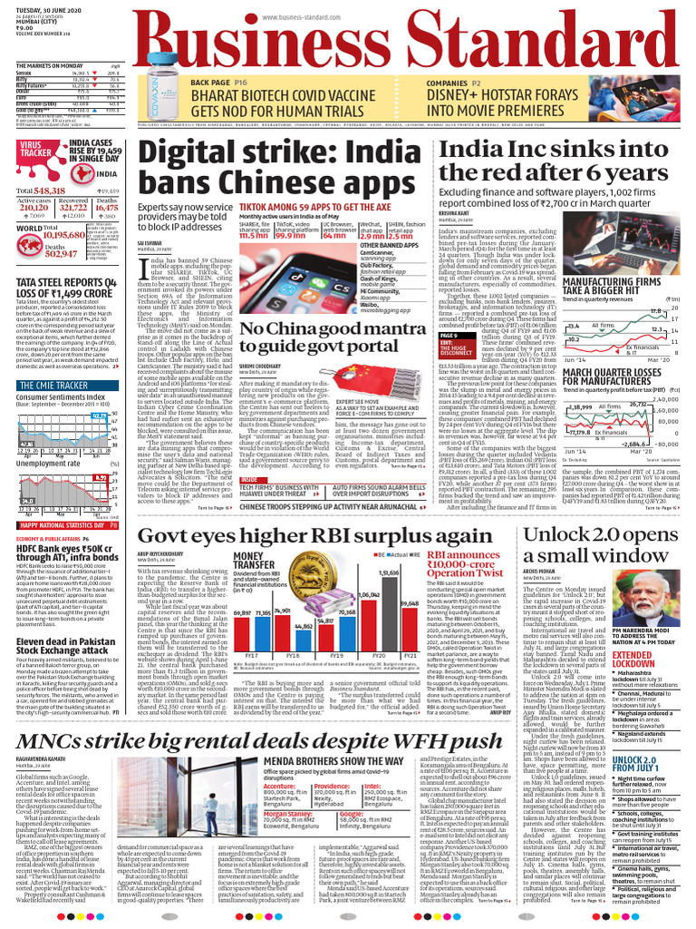 Business Standard Epaper 30june2020 | Download Free PDF | Reserve Bank ...