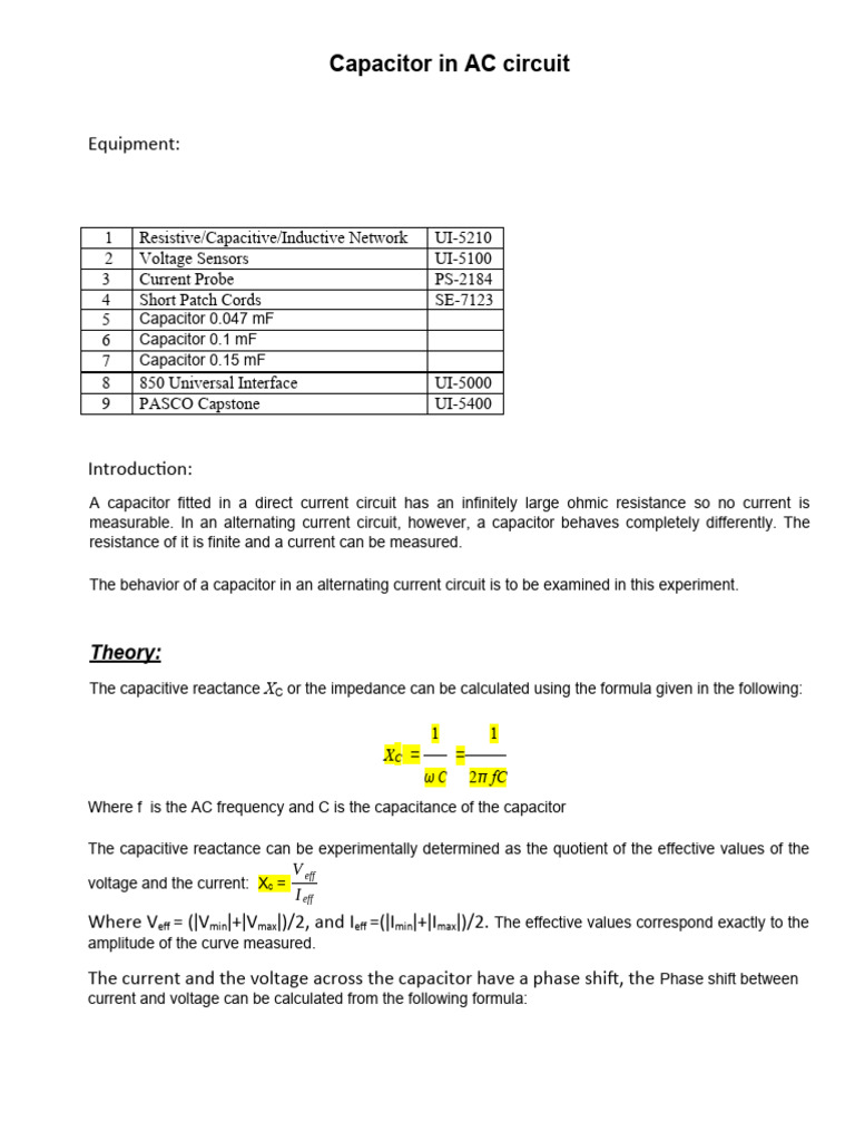 11 Capacitor in AC Circuit - Lab Sheet | PDF | Capacitor | Electrical ...