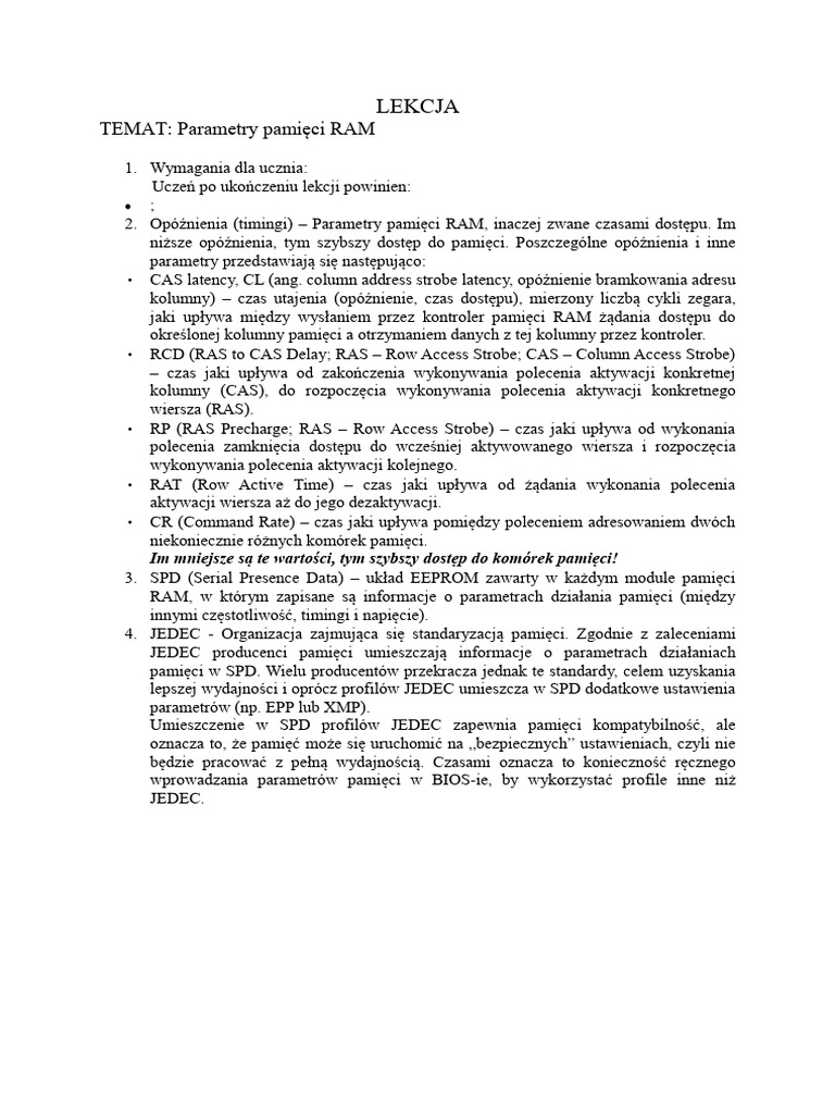 Lekcja: TEMAT: Parametry Pamięci RAM | PDF