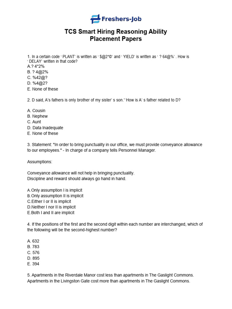 TCS Smart Hiring Reasoning Ability Test | PDF