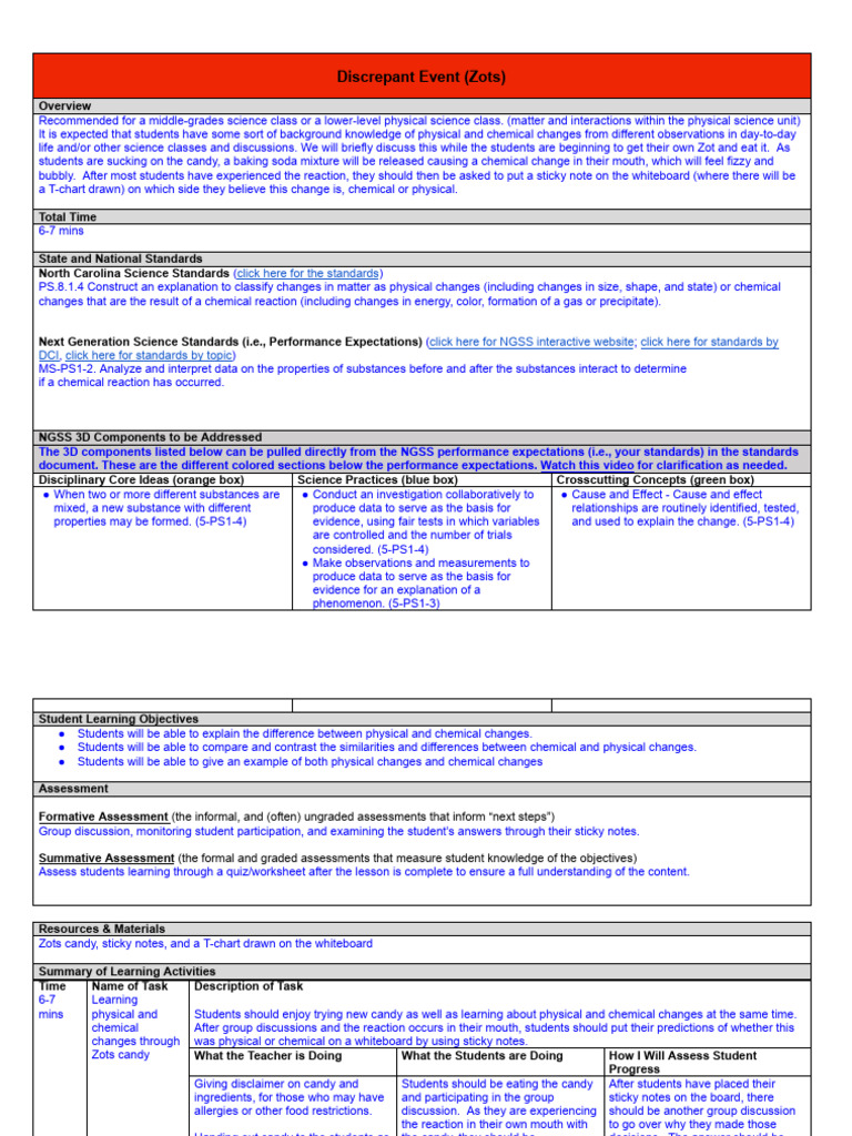 Middle School Science: Zots Experiment | PDF | Chemical Substances ...
