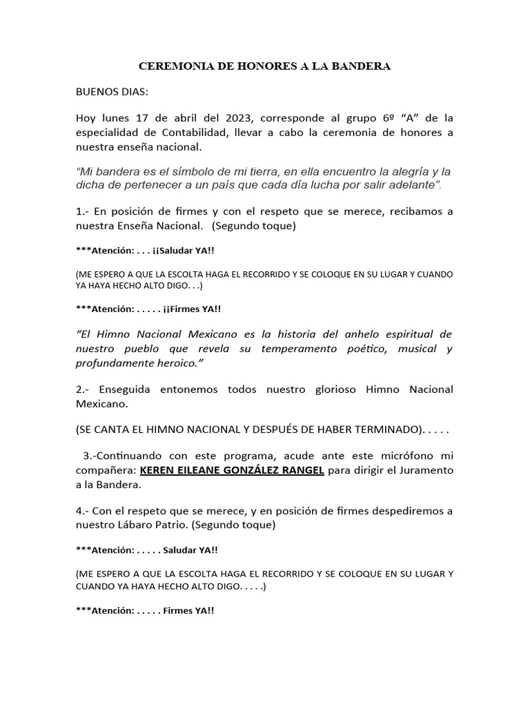 CEREMONIA DE HONORES A LA BANDERA (Largos) | PDF | Estudios de idiomas extranjeros