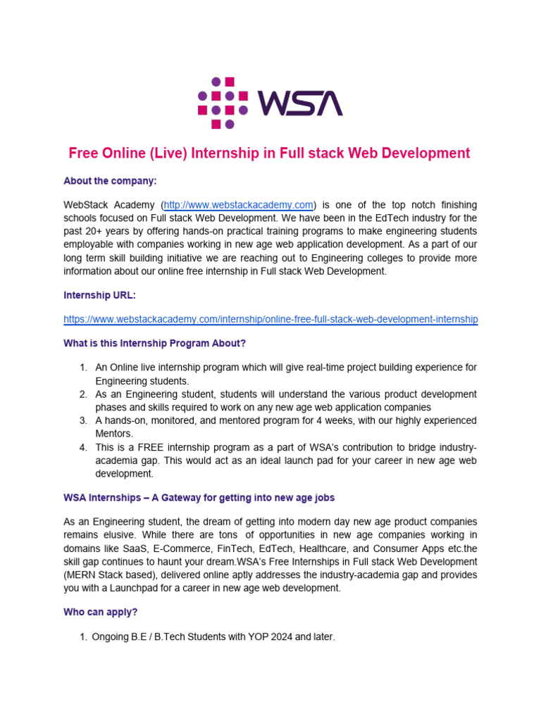 Wsa Fullstack Internship | PDF | Web Development | Internship