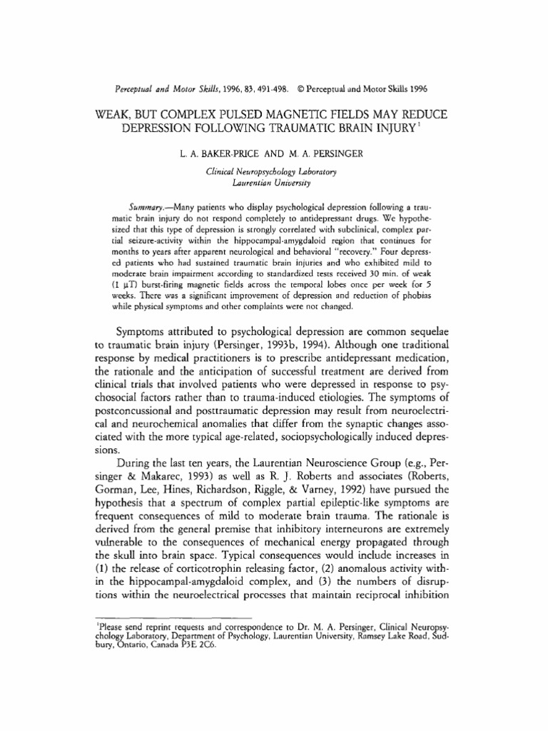 WEAK, BUT COMPLEX PULSED MAGNETIC FIELDS MAY REDUCE DEPRESSION FOLLOWING TRAUMATIC BRAIN INPRY ...