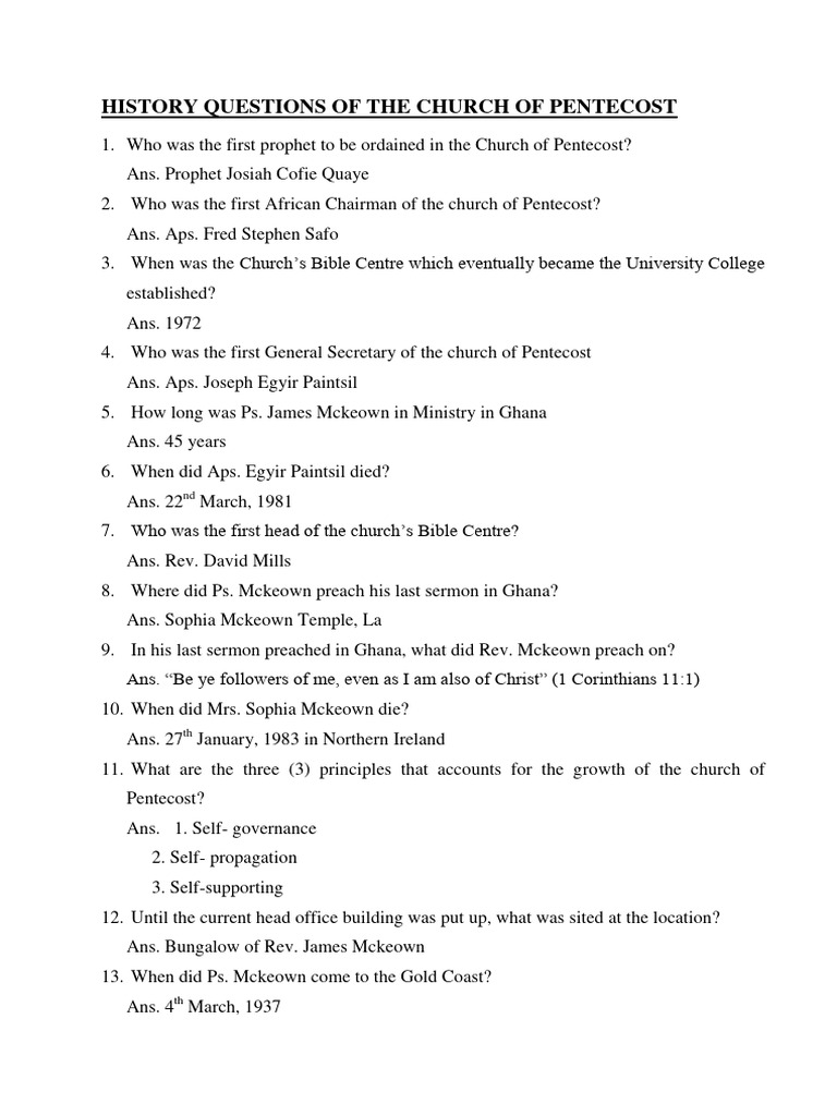 History Quiz of the Church of Pentecost | PDF | Pentecostalism ...
