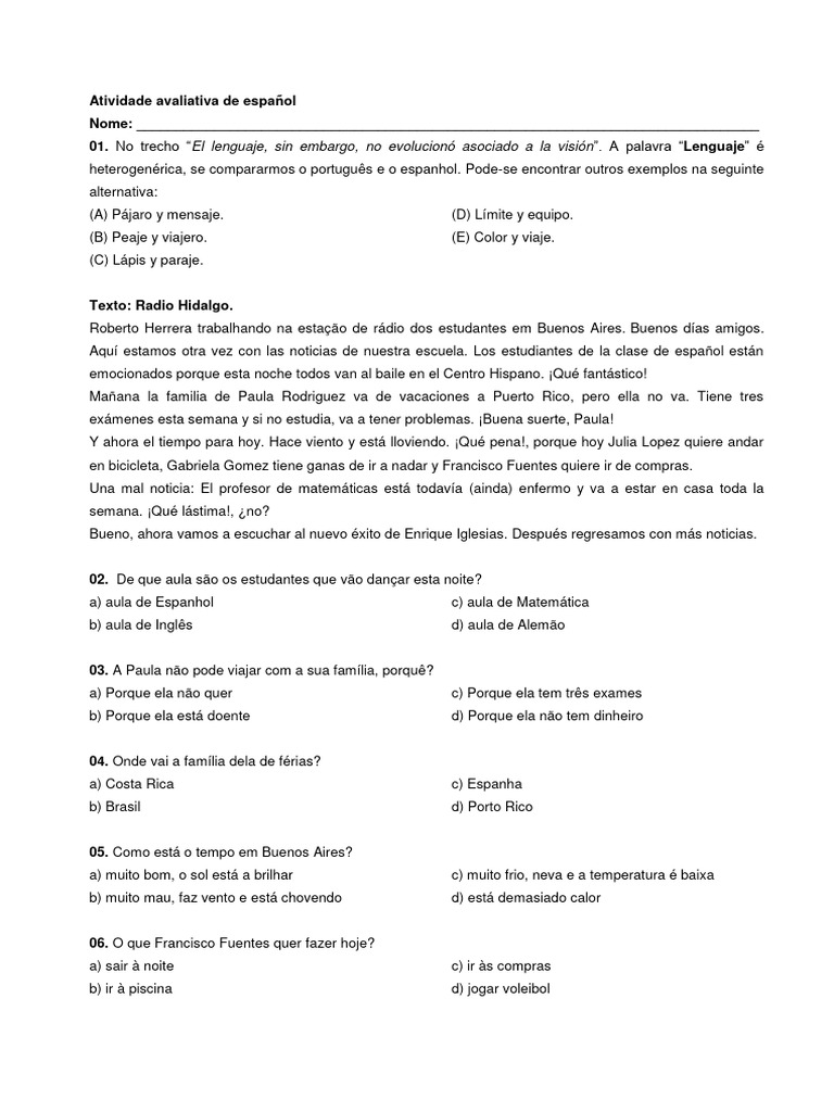 Actividades de Evaluación en Español | PDF