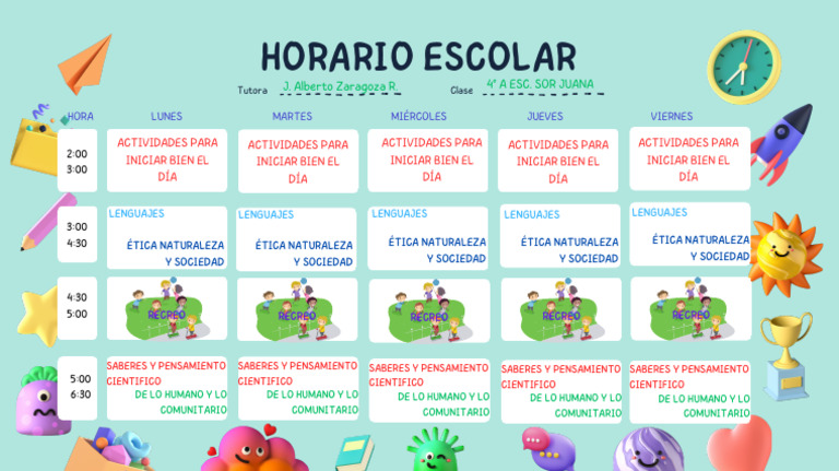 Horario Escolar 4° A - Esc. Sor Juana | PDF