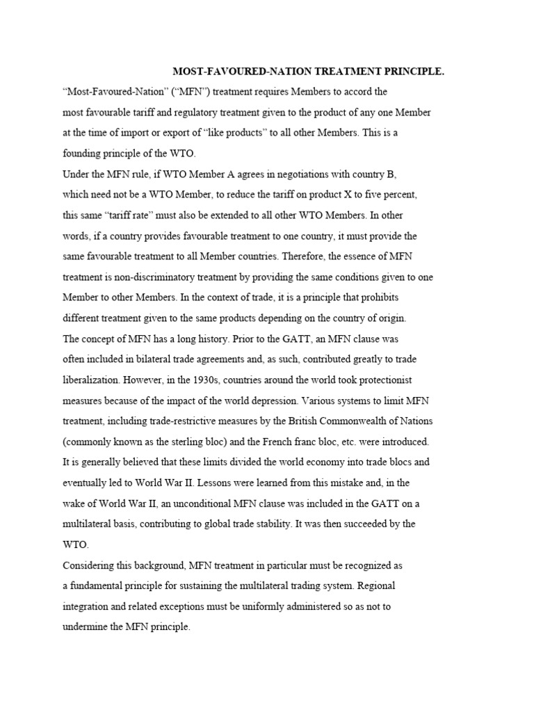 Principle of Most Favoured Nation Treatment and Its Exceptions ...