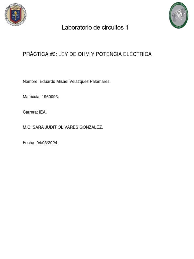 Práctica 3 LEY DE OHM Y POTENCIA ELÉCTRICA | Descargar gratis PDF ...