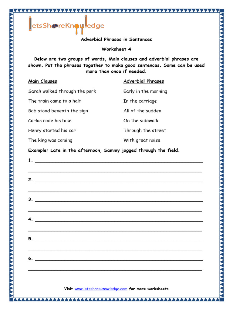 Adverbial Phrases Grade 4 English Printable Worksheets w4 | PDF
