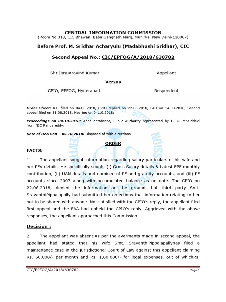 CIC Order on EPF Details Disclosure | PDF | Appeal | Justice