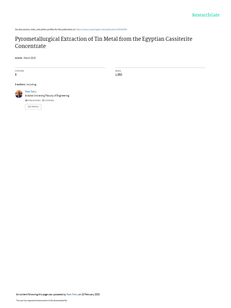 Pyrometallurgical Extraction of Tin Metal From The Egyptian Cassiterite ...