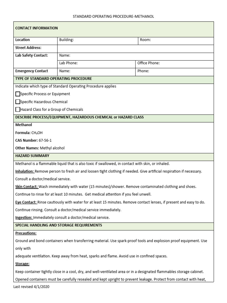 labsafety-sop-methanol | PDF | Personal Protective Equipment | Safety