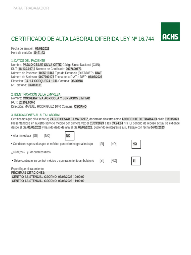 Certificado de Alta Laboral Diferida Ley #16.744 | PDF