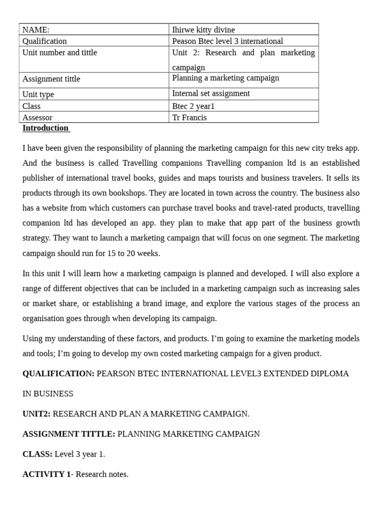 Unit 2 Research and Plan A Marketing Campaign | PDF | Marketing ...