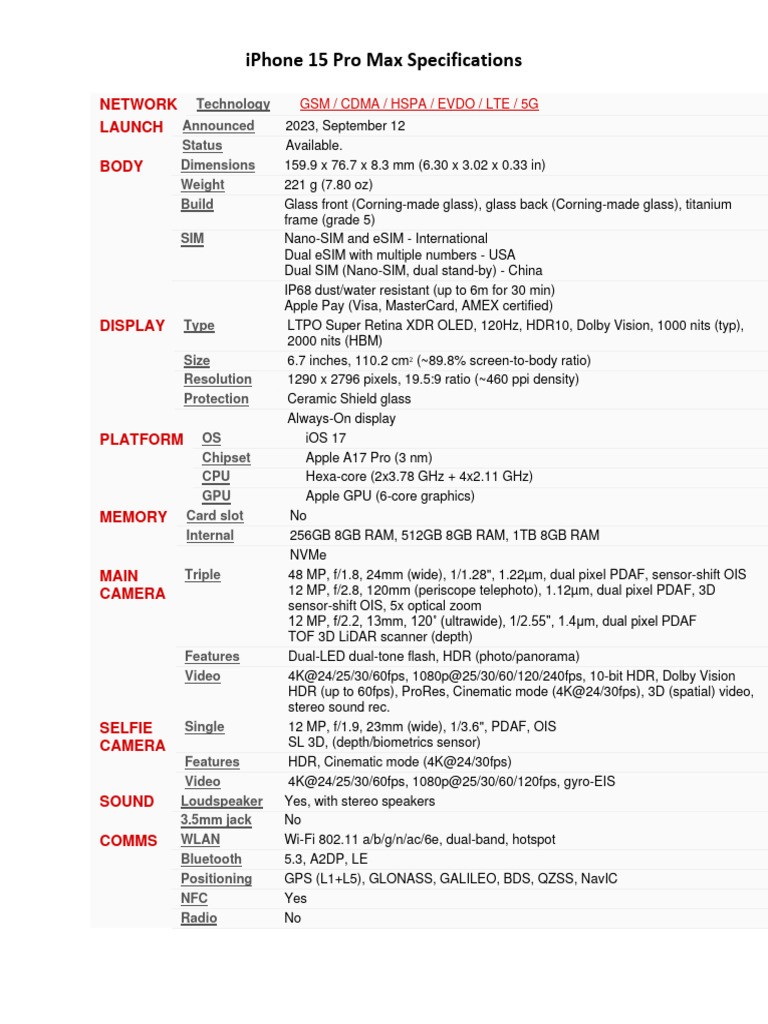 iPhone 15 Pro Max Specifications Guide | PDF | I Phone | Mobile Phones