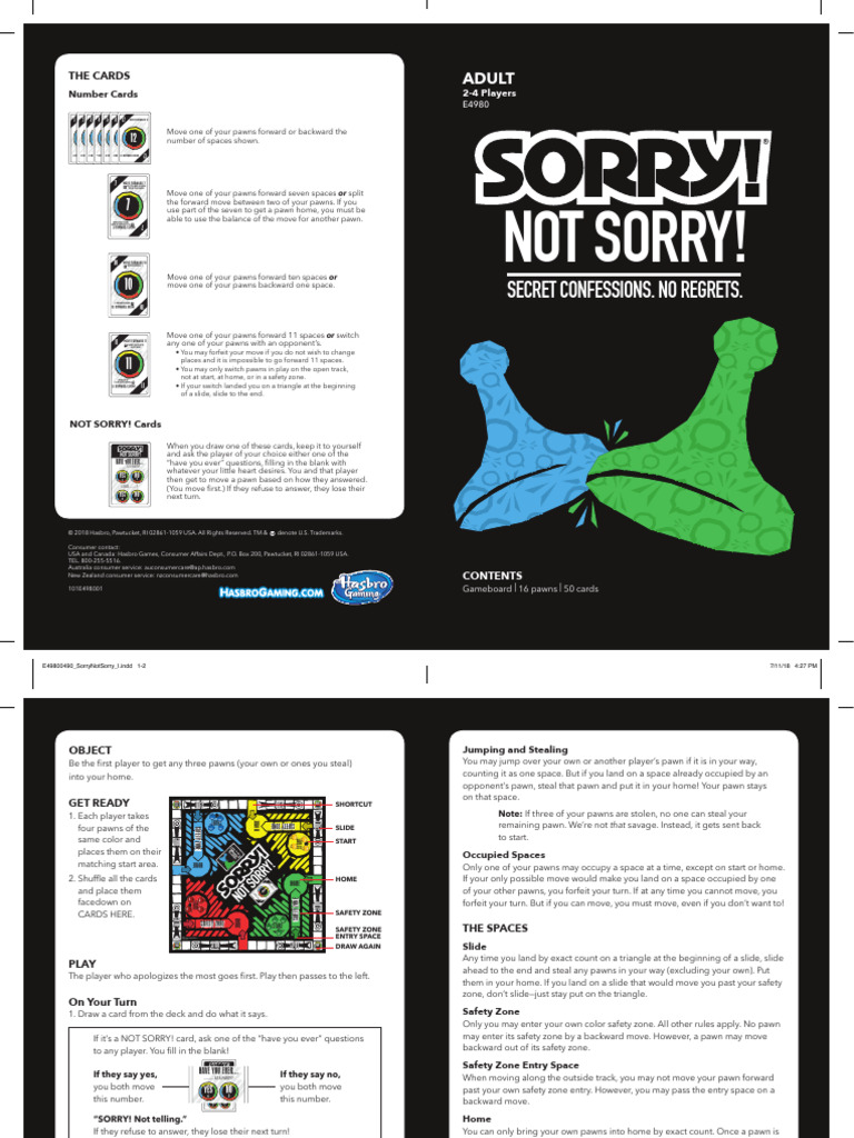 E4980 en NZ Sorry Not Sorry Adult Party Board Game Parody of The Classic Sorry Game | PDF ...