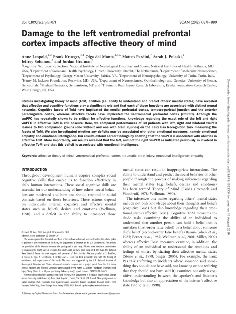 Damage to the left ventromedial prefrontal cortex impacts affective ...