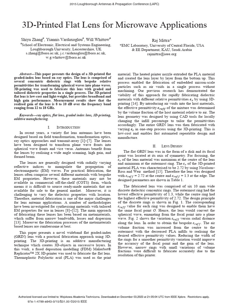 3d-Printed Flat Lens For Microwave Applications | PDF | 3 D Printing ...