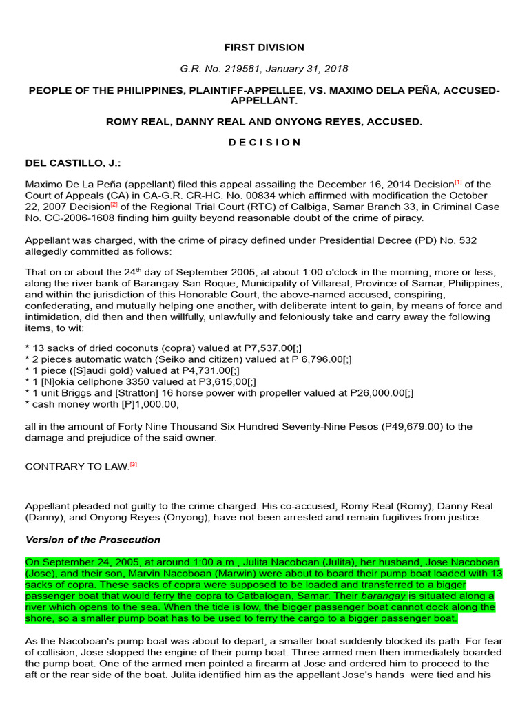 Piracy Case: People vs. Maximo Dela Peña | PDF | Damages | Piracy