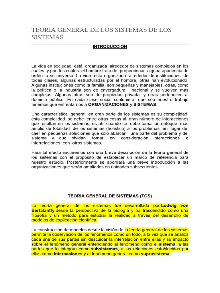 TEORIA GENERAL DE LOS SISTEMAS DE LOS SISTEMAS | PDF | Sistema | Teoría de sistemas