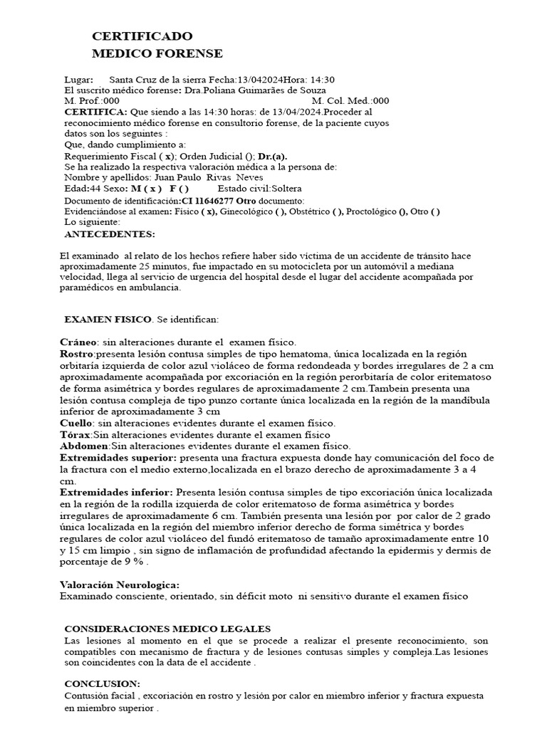 Informe Forense de Accidente de Tránsito | PDF | Examen físico ...