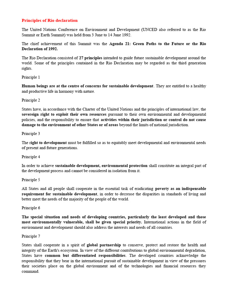 Rio Declaration: 27 Principles | PDF | Sustainable Development ...