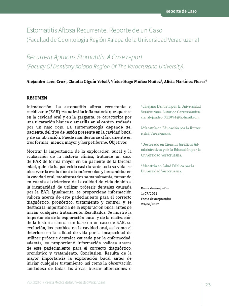 Estomatitis Aftosa Recurrente: Caso Clínico | PDF | Especialidades ...