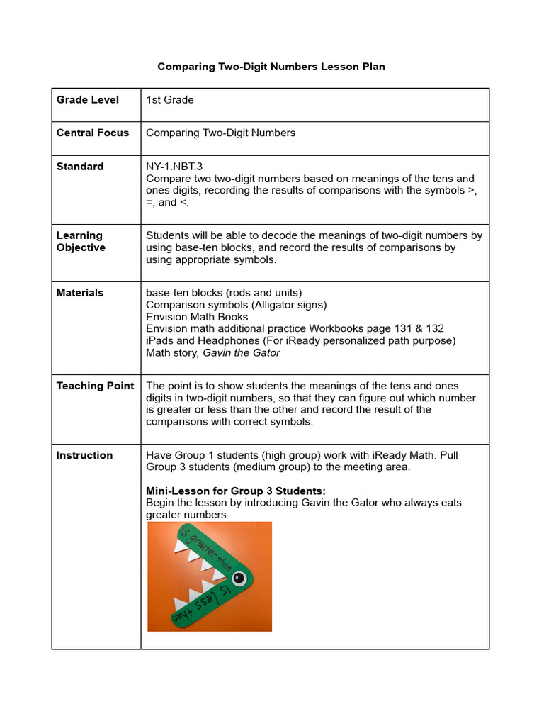 Comparing Two-Digit Numbers Lesson Plan | PDF | Human Communication ...