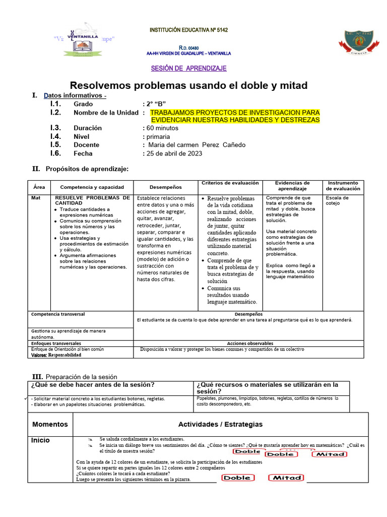 Sesion Mat Problemas de Doble y Mitad | PDF | Evaluación | Aprendizaje