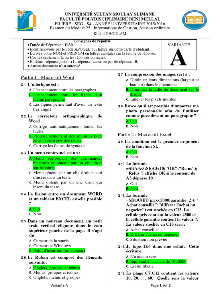 Examen A - Correction | PDF | Microsoft Word | Informatique