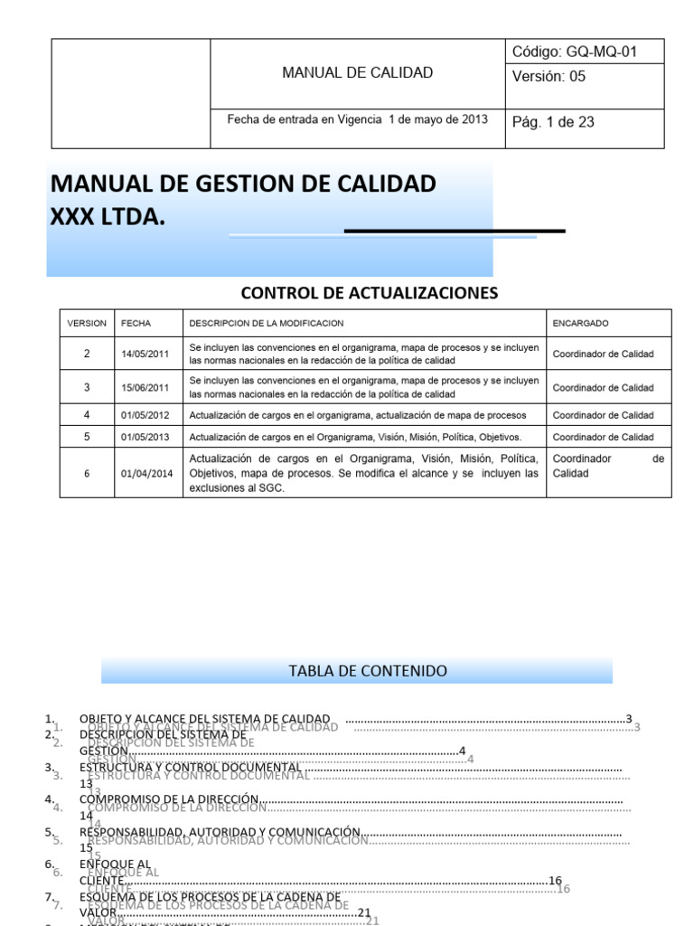 GQ-MQ-01 Manual de Calidad V5 | PDF | Calidad (comercial) | Sistema de manejo de calidad