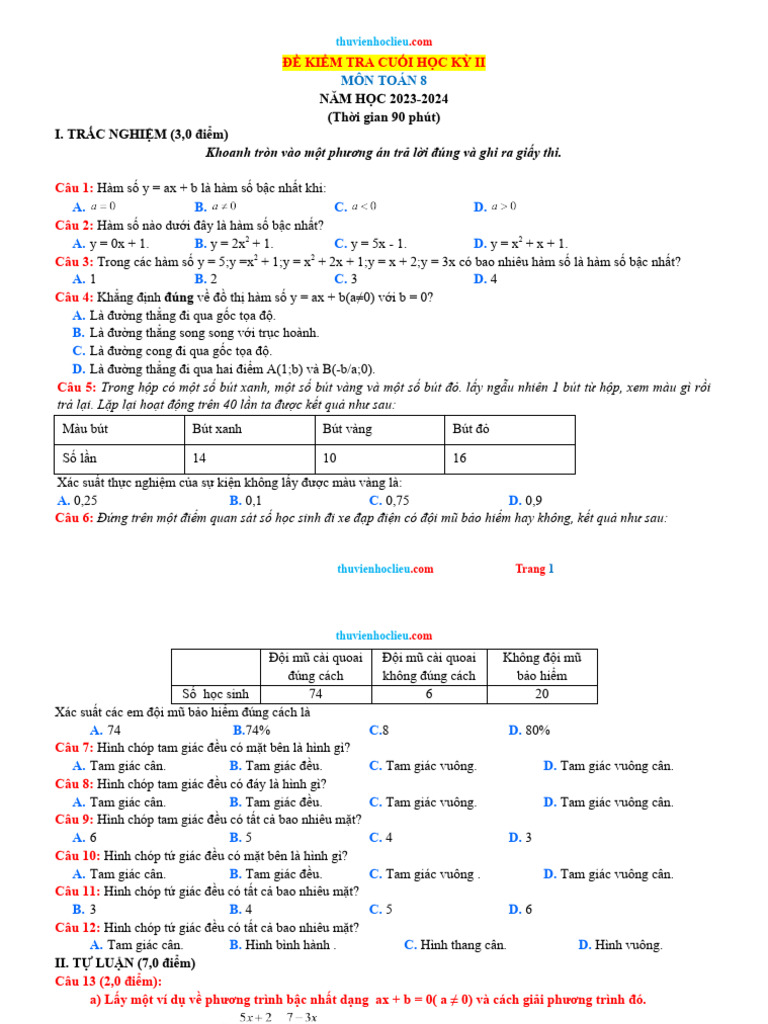 De Thi HK2 Toan 8 CTST | PDF
