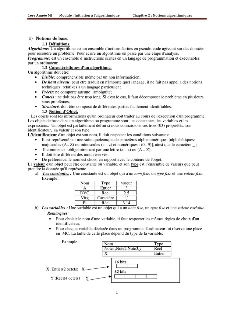 Chapitre2 Notions Algorithmique | PDF | Variable (informatique ...